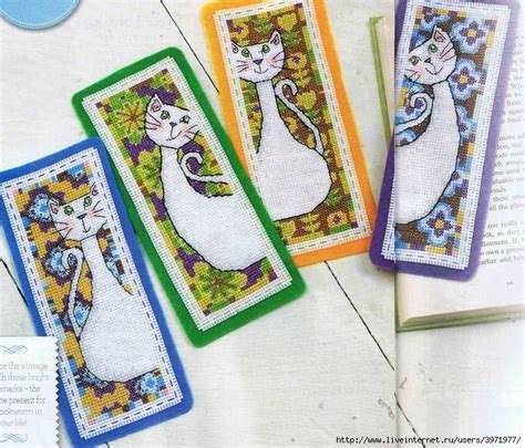 Закладки для книги своими руками Схема вышивки коты Книги маркеры Закладки Вышитые