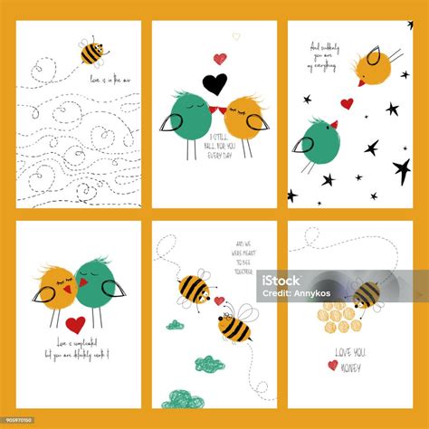 꿀벌과 조류와 사랑 카드의 세트입니다 벌에 대한 스톡 벡터 아트 및 기타 이미지 벌 새 생일 Istock