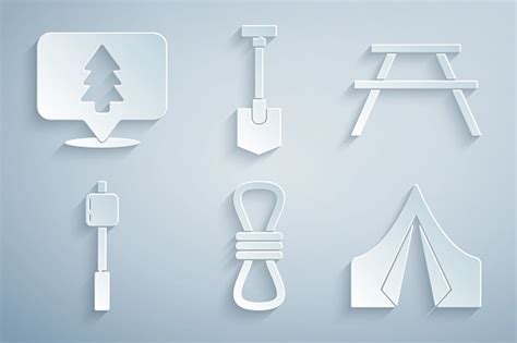 등산가 밧줄 벤치가 있는 피크닉 테이블 스틱에 마시멜로 관광 텐트 삽 및 숲 아이콘의 위치를 설정합니다 벡터 3차원 형태에 대한