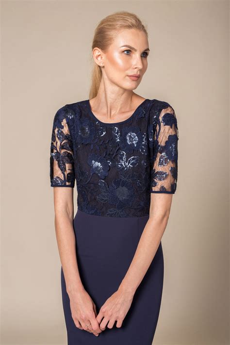 Navy Bodycon Dress With Sequin Lace Top And 3 Quarter Sleeves Le Parole
