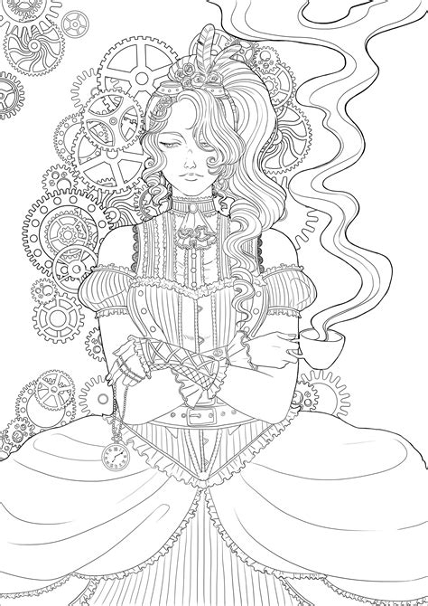 Steampunk Woman With Coffee Vintage Coloring Pages For Adults