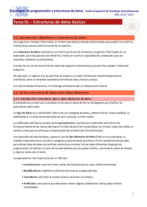 Tema 01 Estructuras De Datos Basicas Año 2018 2019 Tema 01 Estructuras De Datos Básicas