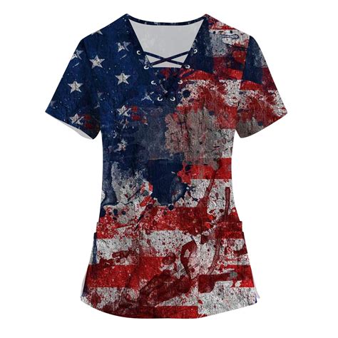 Knosfe 4th Of July Scrub Tops For Women Stars Striped American Flag