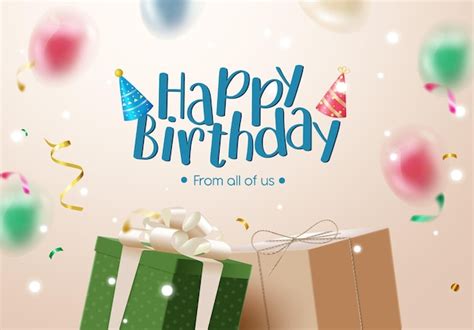 생일 인사말 벡터 디자인입니다 선물 풍선 색종이 조각으로 생일 축하합니다 프리미엄 벡터