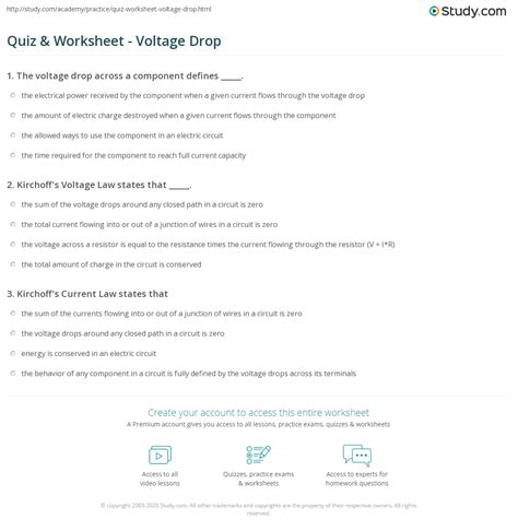 Quiz And Worksheet Voltage Drop