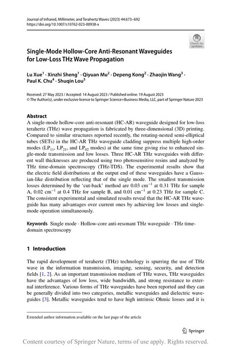 Single Mode Hollow Core Anti Resonant Waveguides For Low Loss Thz Wave