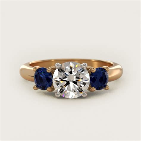 Round Blue Sapphire Three Stone Engagement Ring In 14k Yellow Gold By