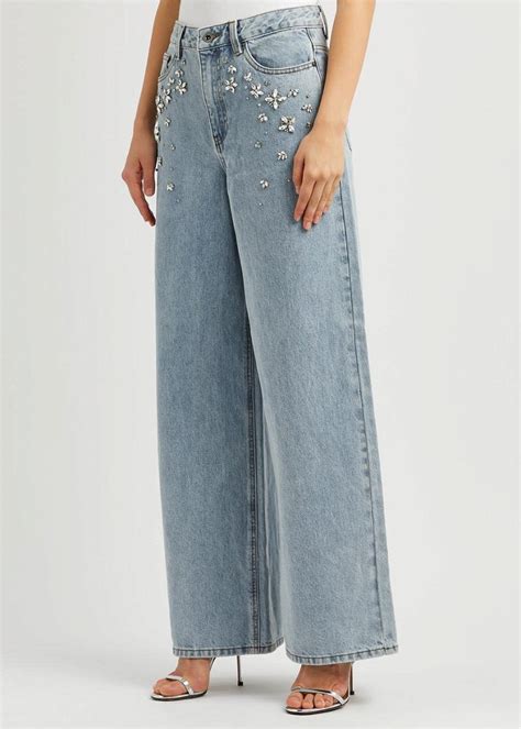 Self Portrait Crystal Embellished Wide Leg Jeans Endource