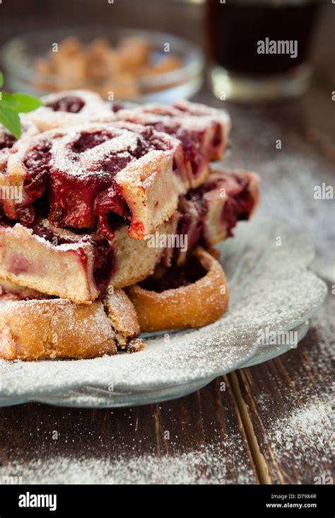 Cherry Pie With Powdered Sugar Closeup Stock Photo Alamy