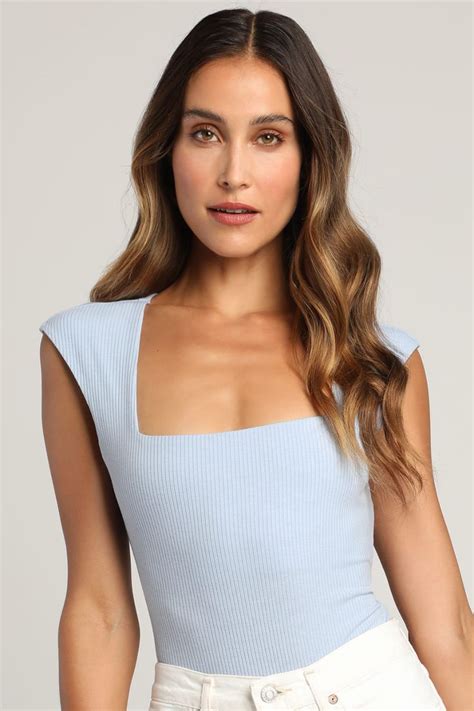 Sweet Crush Light Blue Ribbed Square Neck Bodysuit Square Neck Bodysuit Square Neck Bodysuit
