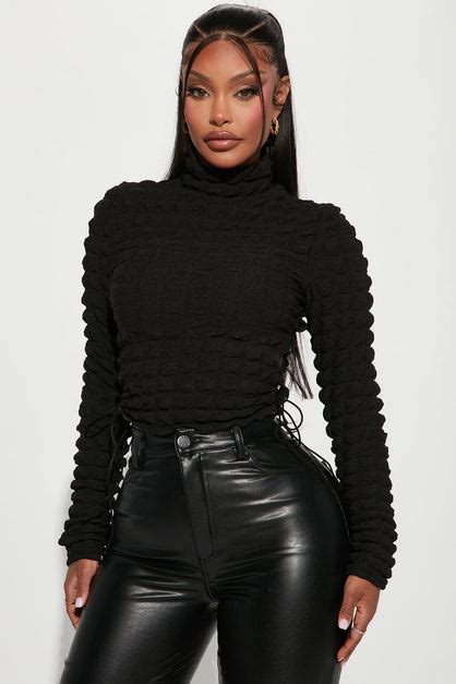 Nahal Textured Mock Neck Top Black Fashion Nova