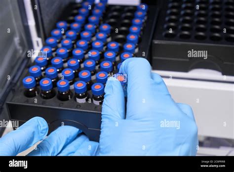 Close Up Woman Hand In A Rubber Gloves Put Sample In A Glass Vial With Blue Cap Into The