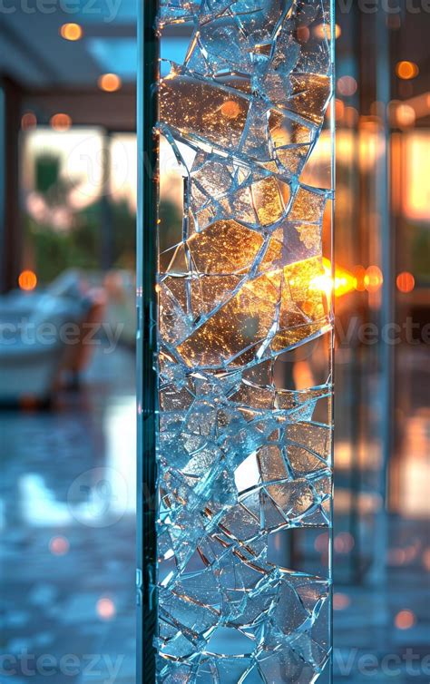Shattered Glass Reflecting Sunset In Modern Interior Space Sunlight