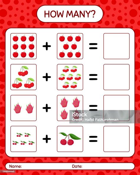 얼마나 많은 계산 게임 사과 체리 드래곤 과일 유치원 아이들을위한 워크 시트 어린이 활동 시트 인쇄 가능한 워크 시트 0명에 대한 스톡 벡터 아트 및 기타 이미지 Istock
