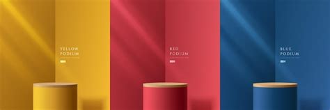 노란색 파란색 빨간색 나무 현실적인 3d 실린더 스탠드 연단은 창 조명이 있는 추상 공간에 있습니다 프리미엄 벡터