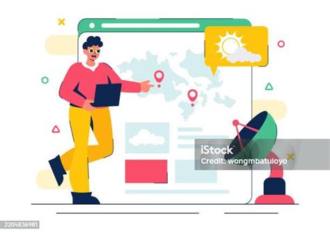 기상학자 벡터 일러스트 레이 션은 평평한 배경에서 대기 강수량 맵과 날씨 패턴을 분석하는 날씨 예보관을 특징으로합니다 계절에 대한 스톡 벡터 아트 및 기타 이미지 Istock