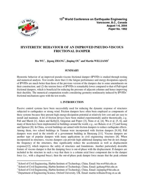 Hysteretic Behaviour Of An Improved Pseudo Viscous Frictional Damper Pdf Damping Equations