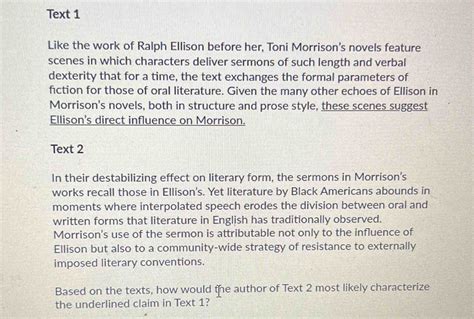Solved Text 1 Like The Work Of Ralph Ellison Before Her Toni Morrison