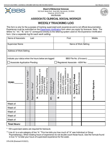 Board Of Behavioral Sciences Associate Clinical Social Worker Weekly Tracking Log Board Of