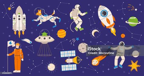 우주 탐험가 세트 우주선 위성 및 우주 비행사들의 Ufo 다른 만화 우주 비행사 별 별자리 및 행성 아늑한 벡터 세트 개체