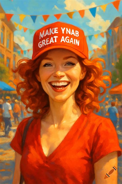 Smiling Red Headed Woman In A Red Make Ynab Great Again Hat And Red