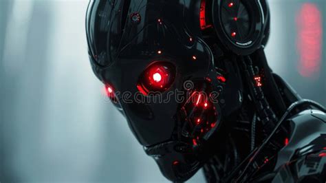 Close Up Of A Futuristic Robot With Glowing Red Eyes In A High Tech Environment Stock