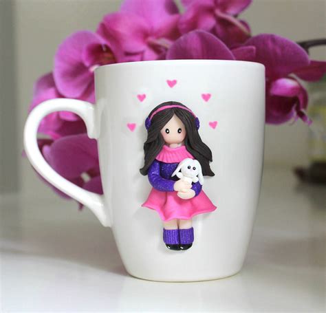 Polymer Clay Decorated Mugdecorated Mug Girl Girl With Bunny