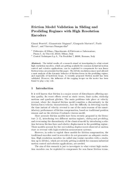 Pdf Friction Model Validation In Sliding And Presliding Regimes With High Resolution Encoders