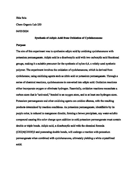 Synthesis Of Adipic Acid From Oxidation Of Cyclohexanone Chm 121