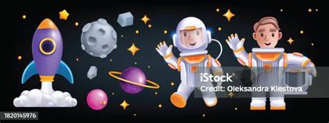 3d 우주 비행사 만화 세트 벡터 귀여운 어린이 우주 캐릭터 로켓 우주선 발사 달 행성 3차원 형태에 대한 스톡 벡터 아트 및