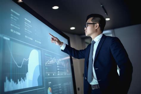 Premium Ai Image A Man Pointing At A Large Screen With A Graph On It