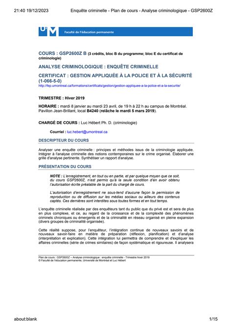 Solution Enqu Te Criminelle Plan De Cours Analyse Criminologique