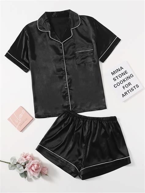 Plus Contrast Binding Satin Pajama Set