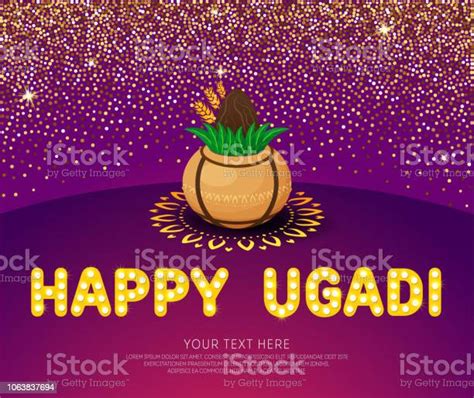 휴일 행복 Ugadi 템플릿 인사말 카드입니다 반짝이 색종이 배경에 코코넛 골드 냄비입니다 Gudi Padwa 힌두교 새