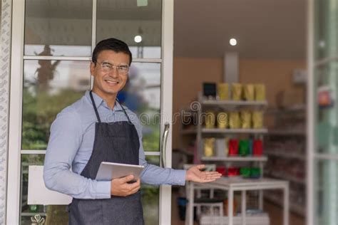 Man Wearing Apron Smiling Welcoming Guests Having Prosperous Catering