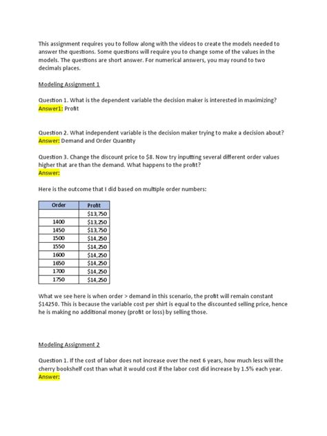 Excel Modeling Assignment Set 1 Submission Pdf Profit Economics