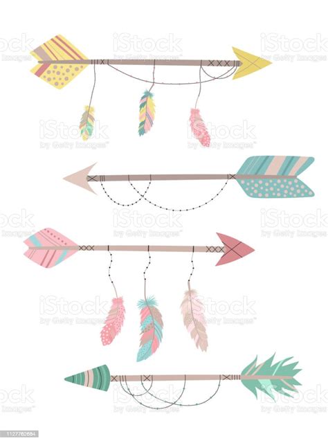 깃털과 Boho 스타일에 고립 된 다채로운 화살표의 벡터 이미지 아기 카드 전단지 포스터 지문 휴가 아이 들 가정 장식을 위한 국가 미국 모티브 하 여 손으로 그린 일러스트