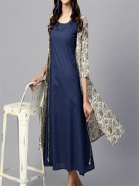 Buy Libas Women Blue Solid Layered A Line Dress With Ethnic Jacket
