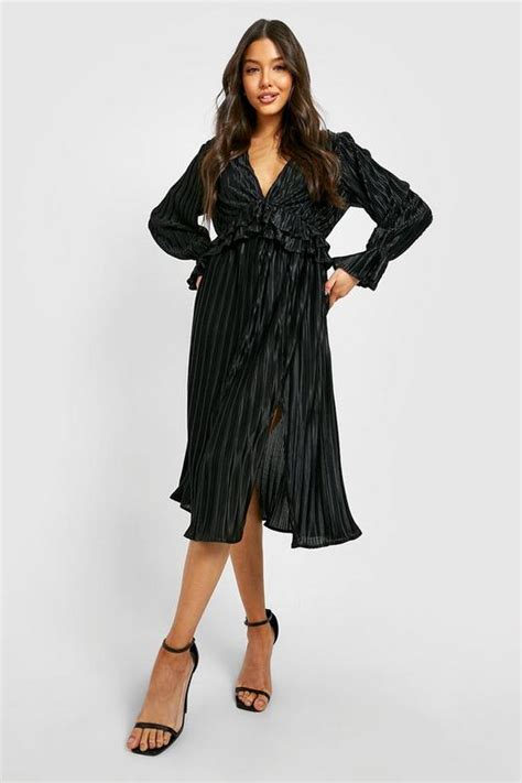 Pleated Satin Plunge Midi Dress Boohoo Usa