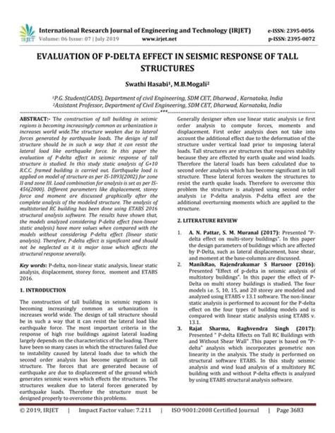 Irjet Evaluation Of P Delta Effect In Seismic Response Of Tall Structures Pdf