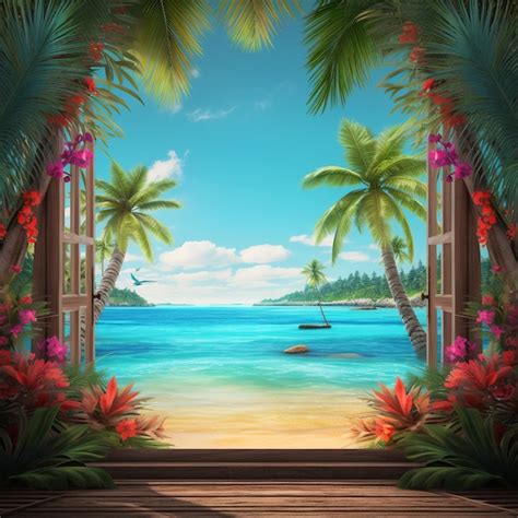 Premium Ai Image Realistic Summer Background Vibrant Tropical Theme With Ocean View And Palm Trees