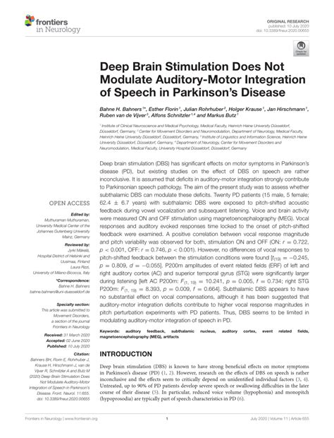 Pdf Deep Brain Stimulation Does Not Modulate Auditory Motor Integration Of Speech In Parkinson