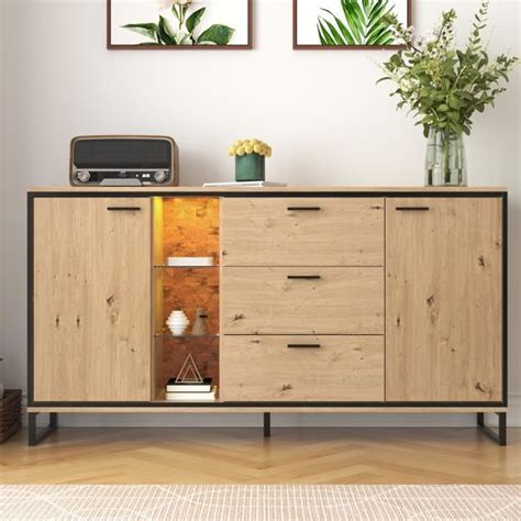 Buffet à tiroirs avec portes compartiments de rangement Commode de maison LED naturel