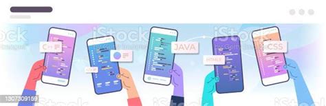 프로그래머 개발자는 스마트 폰 화면 엔지니어링 소프트웨어에 모바일 응용 프로그램에 대한 코드를 작성 손 Php 프로그래밍 언어에