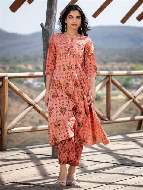 Rust Orange Ajrakh Hand Block Printed Cotton Kurta With Pants Set Of