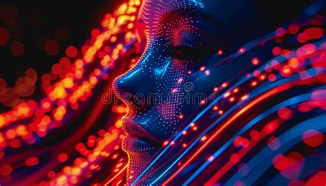 Futuristic Digital Face With Neon Lights Flowing Data Streams Glowing Particles High Tech