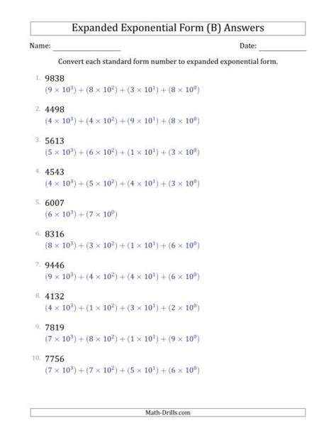 converting standard form numbers to expanded exponential form 4 digit
