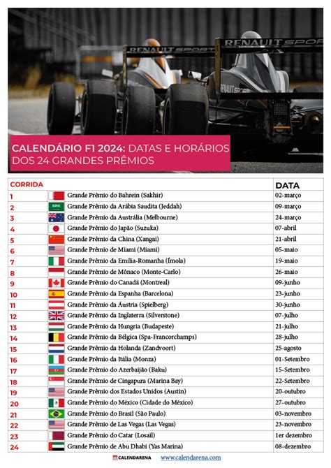 Calendário F1 2024 Datas 24 Grandes Preços