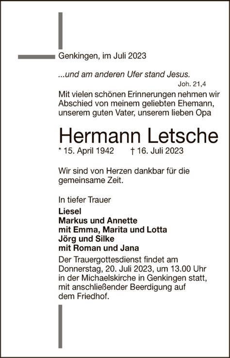 Traueranzeigen Von Hermann Letsche Trauergeade