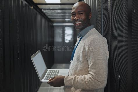 Server Room Laptop And Man Portrait Or Technician For Data Center
